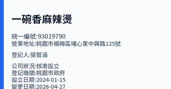 一碗香麻辣燙的照片-統編 93019790(桃園市) 公司登記資料與營業項目詳細圖表