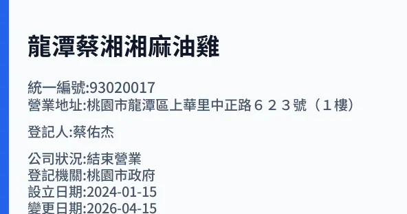 龍潭蔡湘湘麻油雞的照片-統編 93020017(桃園市) 公司登記資料與營業項目詳細圖表