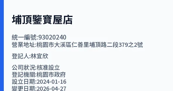 埔頂鑒寶屋店的照片-統編 93020240(桃園市) 公司登記資料與營業項目詳細圖表