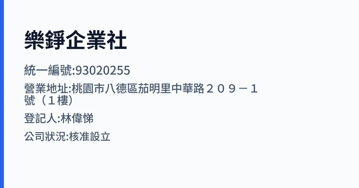 樂錚企業社 - 統編 93020255(桃園市) 公司登記資料與營業項目詳細圖表
