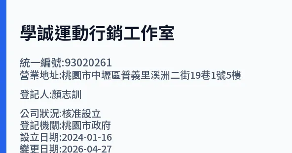 學誠運動行銷工作室的照片-統編 93020261(桃園市) 公司登記資料與營業項目詳細圖表