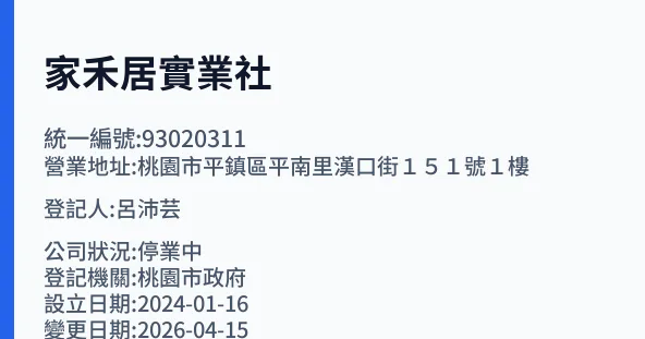 家禾居實業社的照片-統編 93020311(桃園市) 公司登記資料與營業項目詳細圖表