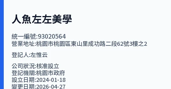 人魚左左美學的照片-統編 93020564(桃園市) 公司登記資料與營業項目詳細圖表
