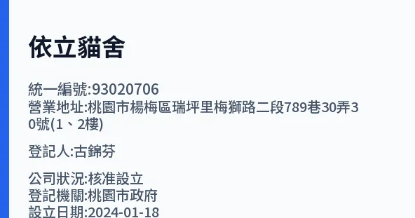 依立貓舍的照片-統編 93020706(桃園市) 公司登記資料與營業項目詳細圖表