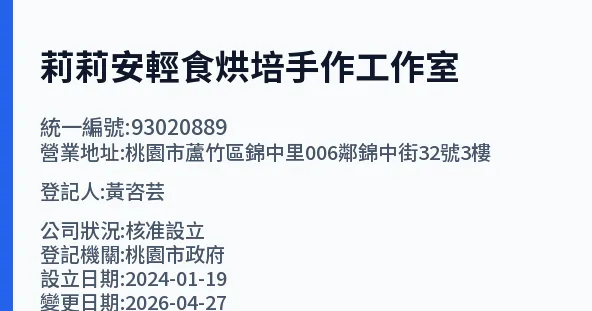 莉莉安輕食烘培手作工作室的照片-統編 93020889(桃園市) 公司登記資料與營業項目詳細圖表