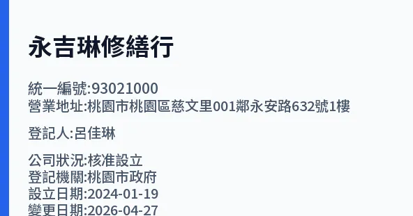 永吉琳修繕行的照片-統編 93021000(桃園市) 公司登記資料與營業項目詳細圖表