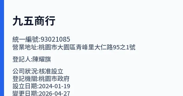 九五商行的照片-統編 93021085(桃園市) 公司登記資料與營業項目詳細圖表