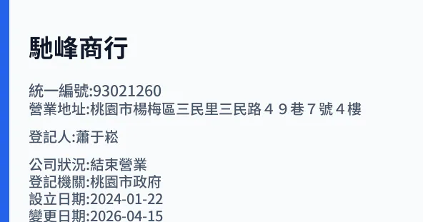 馳峰商行的照片-統編 93021260(桃園市) 公司登記資料與營業項目詳細圖表