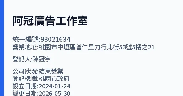 阿冠廣告工作室的照片-統編 93021634(桃園市) 公司登記資料與營業項目詳細圖表