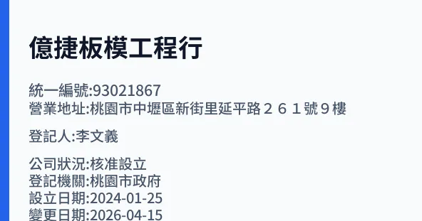 億捷板模工程行的照片-統編 93021867(桃園市) 公司登記資料與營業項目詳細圖表