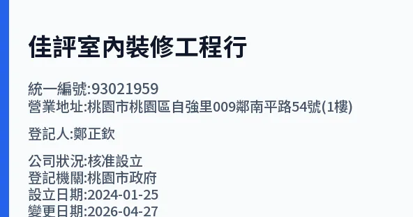 佳評室內裝修工程行的照片-統編 93021959(桃園市) 公司登記資料與營業項目詳細圖表