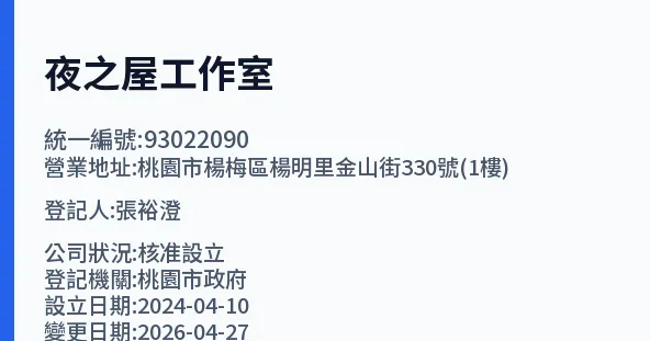 夜之屋工作室的照片-統編 93022090(桃園市) 公司登記資料與營業項目詳細圖表