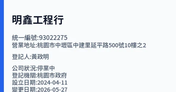 明鑫工程行的照片-統編 93022275(桃園市) 公司登記資料與營業項目詳細圖表
