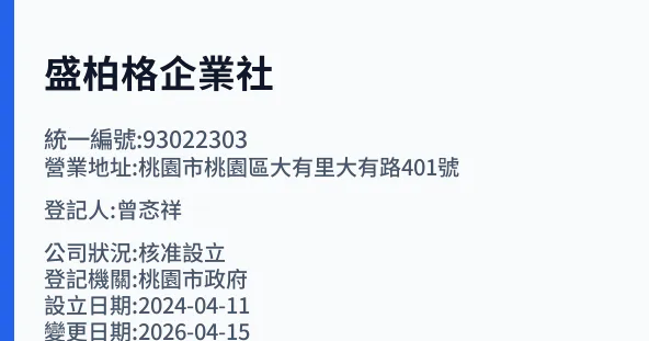 盛柏格企業社的照片-統編 93022303(桃園市) 公司登記資料與營業項目詳細圖表