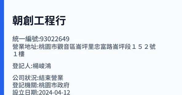 朝創工程行的照片-統編 93022649(桃園市) 公司登記資料與營業項目詳細圖表