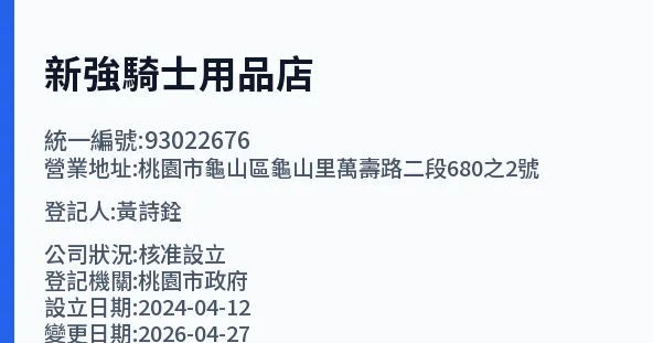 新強騎士用品店的照片-統編 93022676(桃園市) 公司登記資料與營業項目詳細圖表