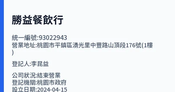 勝益餐飲行的照片-統編 93022943(桃園市) 公司登記資料與營業項目詳細圖表