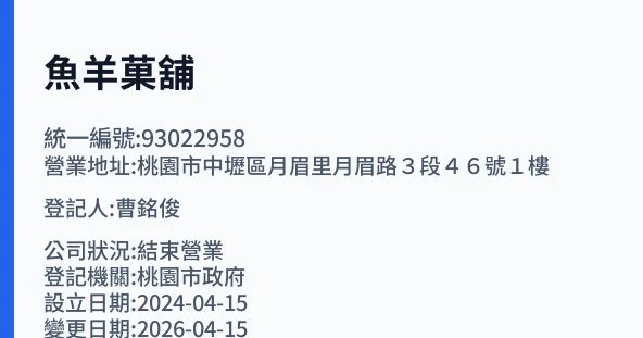 魚羊菓舖的照片-統編 93022958(桃園市) 公司登記資料與營業項目詳細圖表