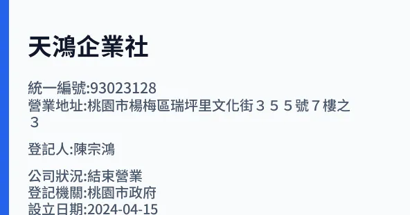 天鴻企業社的照片-統編 93023128(桃園市) 公司登記資料與營業項目詳細圖表