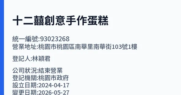 十二囍創意手作蛋糕的照片-統編 93023268(桃園市) 公司登記資料與營業項目詳細圖表