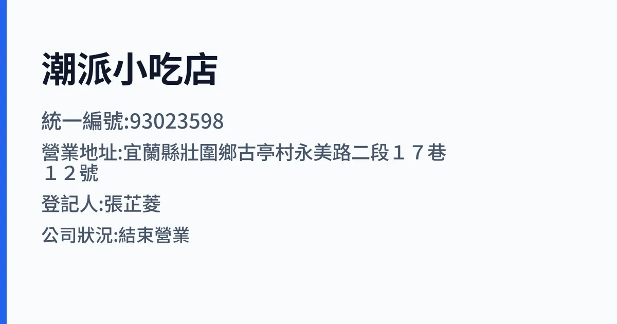 潮派小吃店 - 統編 93023598(宜蘭縣) 公司登記資料與營業項目詳細圖表