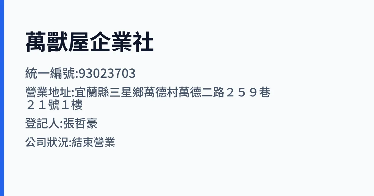 萬獸屋企業社 - 統編 93023703(宜蘭縣) 公司登記資料與營業項目詳細圖表