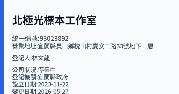 北極光標本工作室的照片-統編 93023892(宜蘭縣) 公司登記資料與營業項目詳細圖表