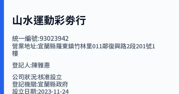 山水運動彩劵行的照片-統編 93023942(宜蘭縣) 公司登記資料與營業項目詳細圖表