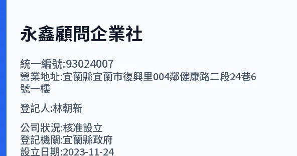 永鑫顧問企業社的照片-統編 93024007(宜蘭縣) 公司登記資料與營業項目詳細圖表