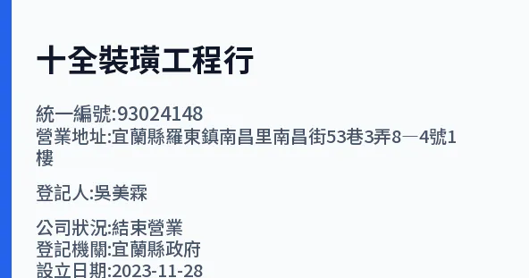 十全裝璜工程行的照片-統編 93024148(宜蘭縣) 公司登記資料與營業項目詳細圖表