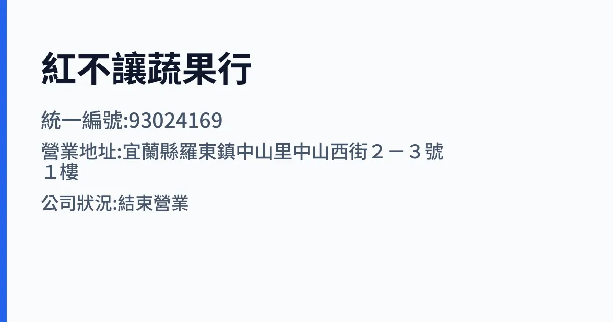 紅不讓蔬果行 - 統編 93024169(宜蘭縣) 公司登記資料與營業項目詳細圖表