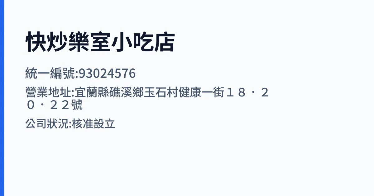 快炒樂室小吃店 - 統編 93024576(宜蘭縣) 公司登記資料與營業項目詳細圖表
