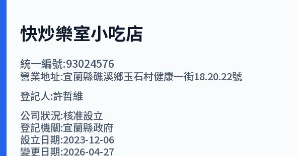 快炒樂室小吃店的照片-統編 93024576(宜蘭縣) 公司登記資料與營業項目詳細圖表