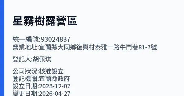 星霧樹露營區的照片-統編 93024837(宜蘭縣) 公司登記資料與營業項目詳細圖表