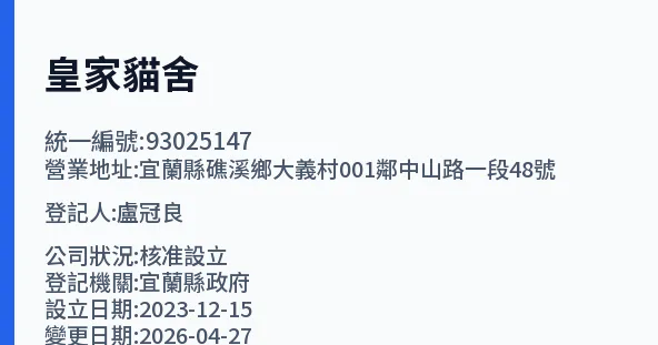 皇家貓舍的照片-統編 93025147(宜蘭縣) 公司登記資料與營業項目詳細圖表