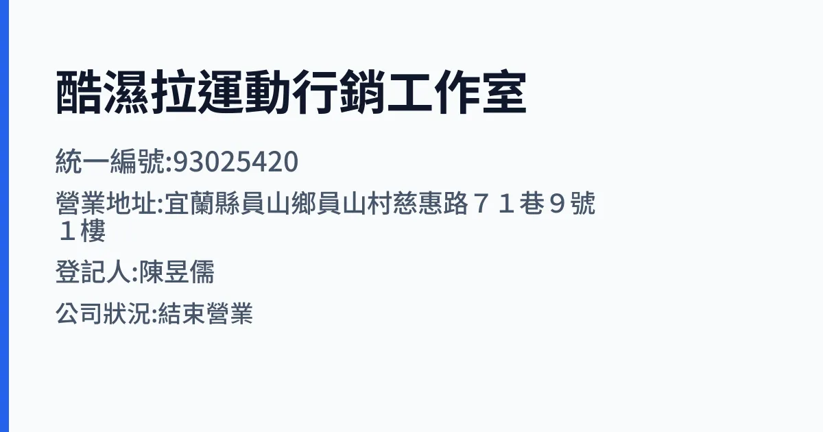 酷濕拉運動行銷工作室 - 統編 93025420（宜蘭縣） 公司登記資料與營業項目詳細圖表