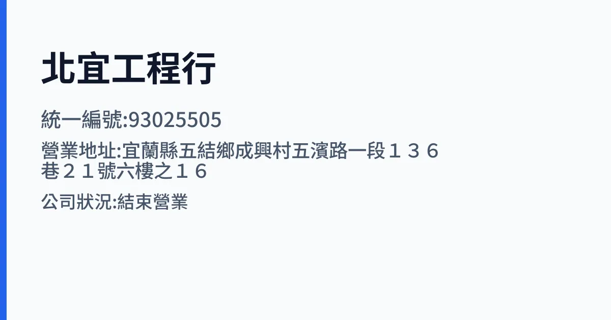 北宜工程行 - 統編 93025505(宜蘭縣) 公司登記資料與營業項目詳細圖表