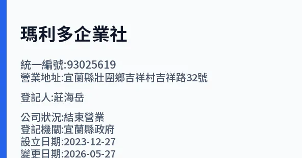 瑪利多企業社的照片-統編 93025619(宜蘭縣) 公司登記資料與營業項目詳細圖表