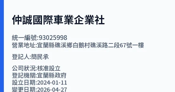 仲誠國際車業企業社的照片-統編 93025998(宜蘭縣) 公司登記資料與營業項目詳細圖表