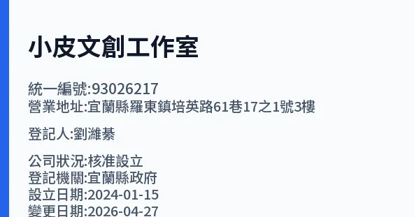 小皮文創工作室的照片-統編 93026217(宜蘭縣) 公司登記資料與營業項目詳細圖表