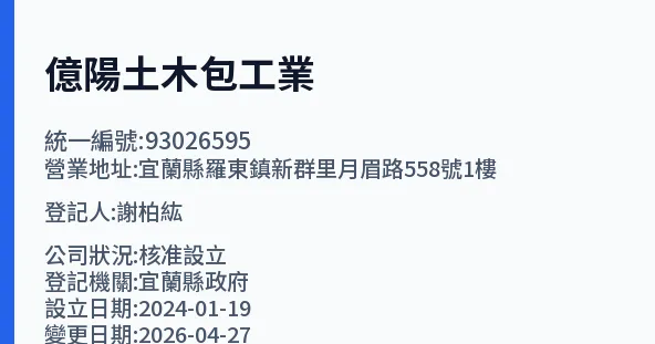億陽土木包工業的照片-統編 93026595(宜蘭縣) 公司登記資料與營業項目詳細圖表