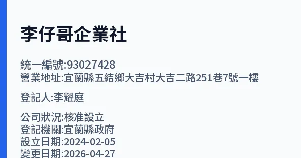 李仔哥企業社的照片-統編 93027428(宜蘭縣) 公司登記資料與營業項目詳細圖表