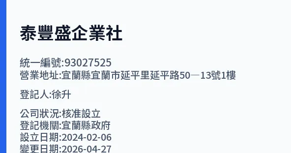 泰豐盛企業社的照片-統編 93027525(宜蘭縣) 公司登記資料與營業項目詳細圖表
