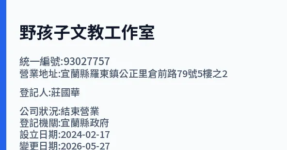野孩子文教工作室的照片-統編 93027757(宜蘭縣) 公司登記資料與營業項目詳細圖表
