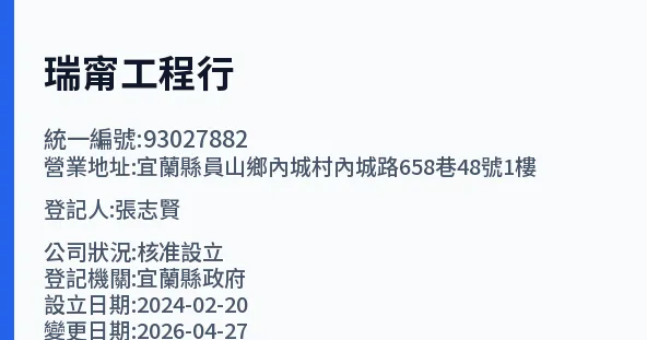 瑞甯工程行的照片-統編 93027882(宜蘭縣) 公司登記資料與營業項目詳細圖表