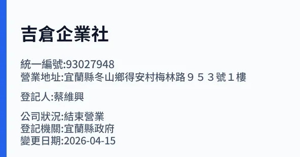 吉倉企業社的照片-統編 93027948(宜蘭縣) 公司登記資料與營業項目詳細圖表