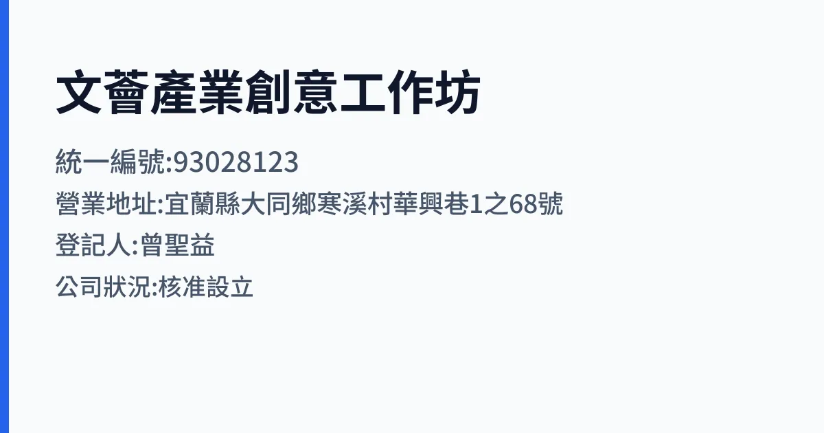 文薈產業創意工作坊 - 統編 93028123(宜蘭縣) 公司登記資料與營業項目詳細圖表