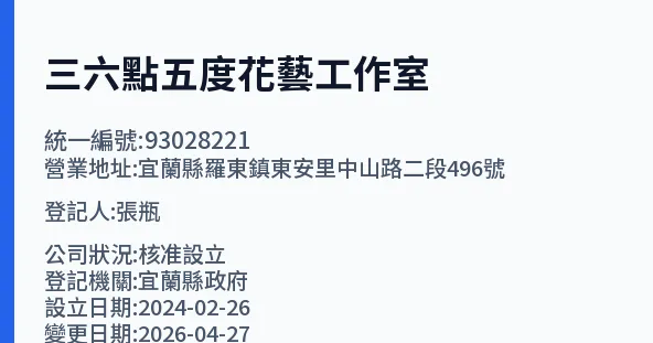 三六點五度花藝工作室的照片-統編 93028221(宜蘭縣) 公司登記資料與營業項目詳細圖表