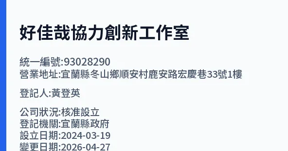 好佳哉協力創新工作室的照片-統編 93028290(宜蘭縣) 公司登記資料與營業項目詳細圖表