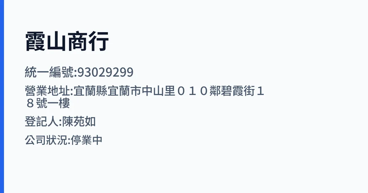 霞山商行 - 統編 93029299(宜蘭縣) 公司登記資料與營業項目詳細圖表